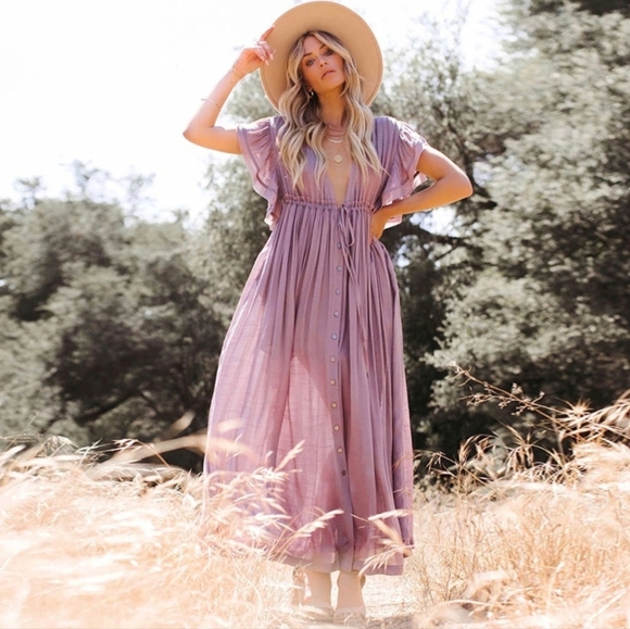 Dresses | New Boho Flowy Plunge Maxi Gauze Cover Up Dress Summer Purple ...